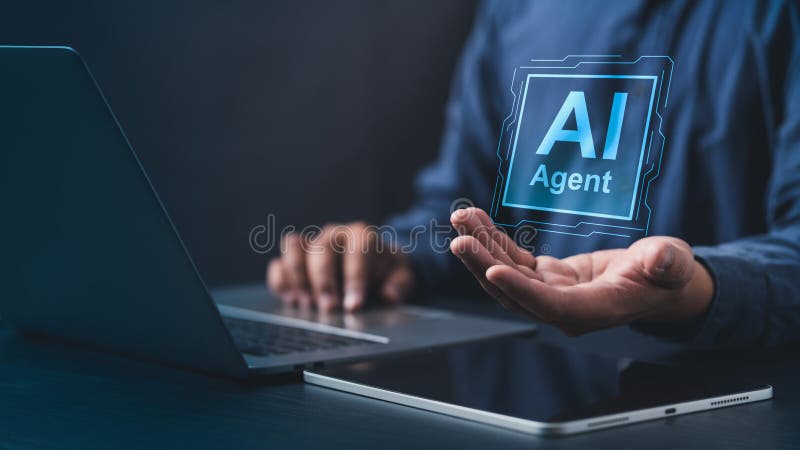 Businessman Using Laptop with AI Agent Hologram. Concept of Artificial ...