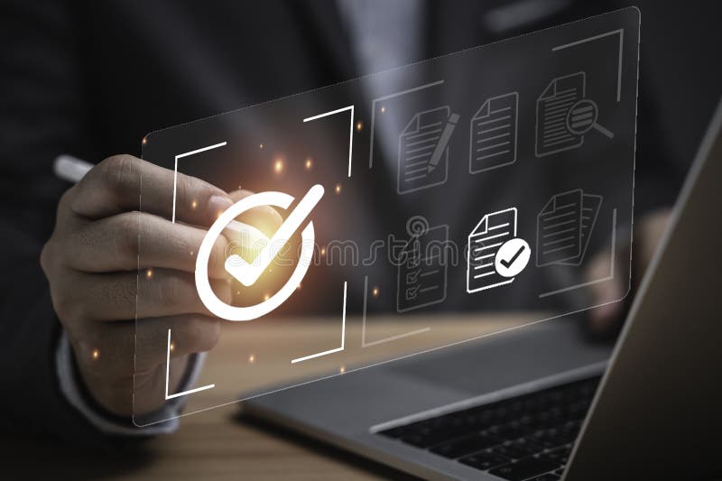 Businessman Using Laptop Computer with Correct Sign Mark and Document ...