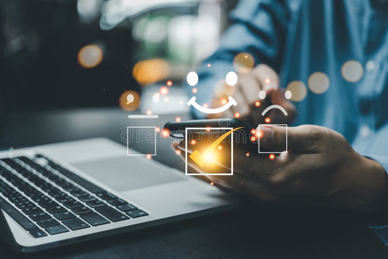 Businessman Using Laptop Computer Face Emoticon Smile in Satisfaction ...