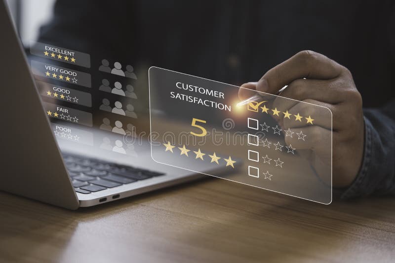 Businessman Using Laptop Computer for Select Five Stars for Client ...