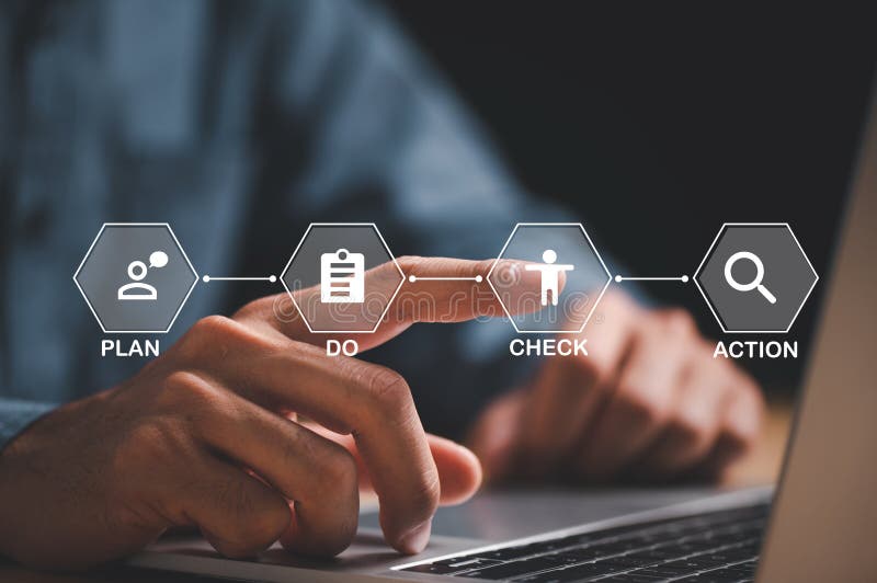 Businessman Using Laptop Computer with Virtual Screen PDCA Plan Do Act ...