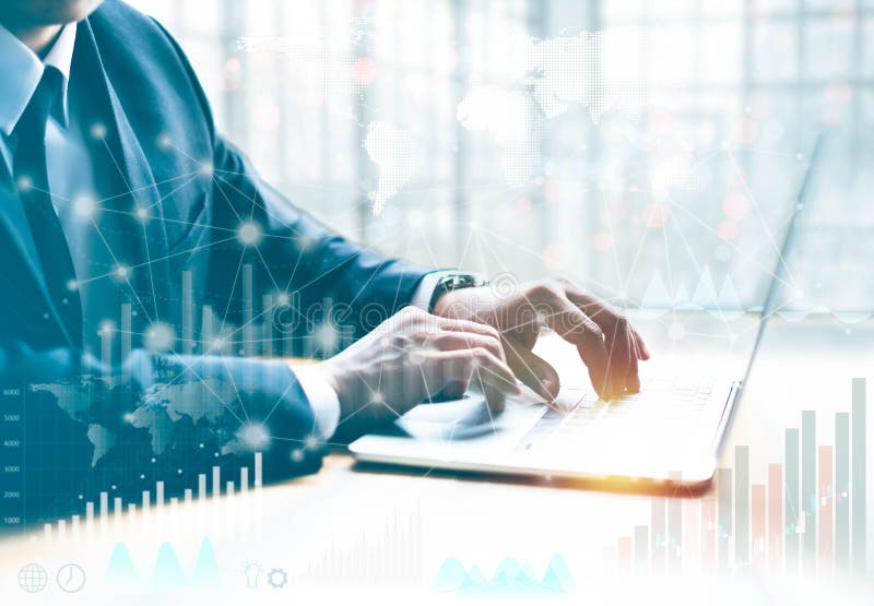 Businessman Using Laptop Computer Working with Economic Growth Graph ...