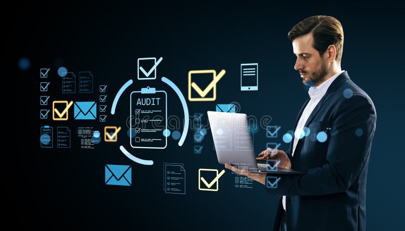 Businessman Working Laptop Digital Approval Interface Stock Photos ...