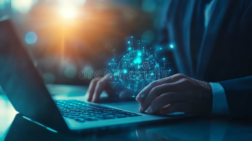 Businessman Using Laptop with Digital Data Visualization Stock ...