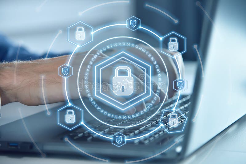 Businessman Using Laptop and Digital Lock Icon Hologram with Digital ...