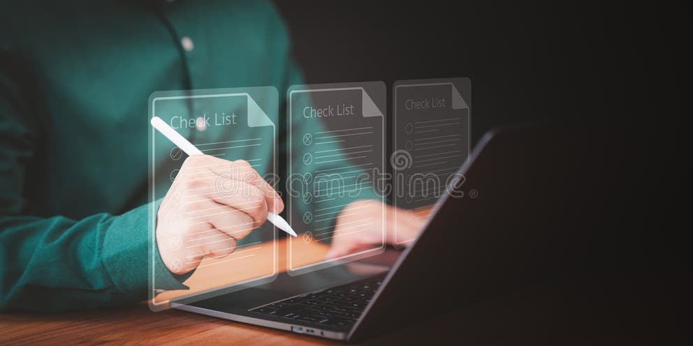 Businessman Using Laptop Doing Online Checklist Survey, Digital Form ...