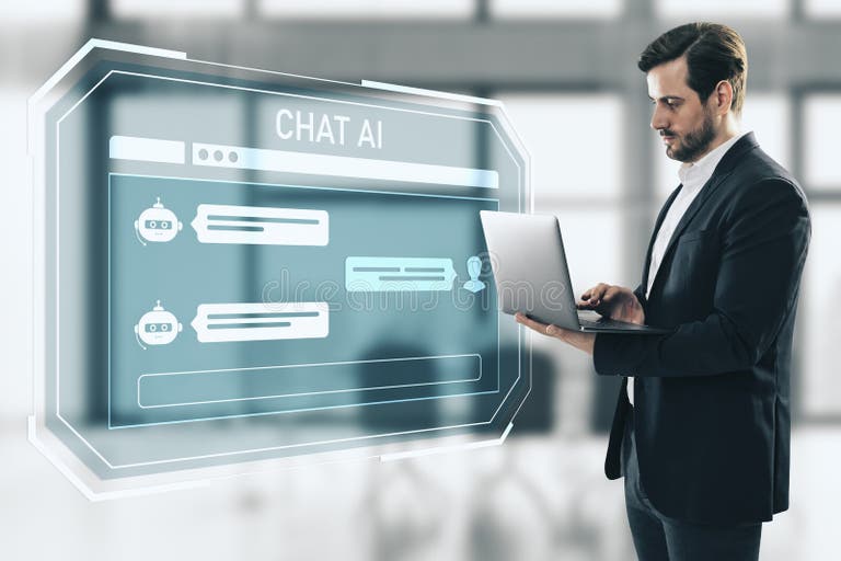 Businessman Using Laptop with Futuristic Chat AI Interface for ...