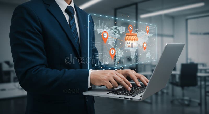 Businessman Using Laptop with Global Business Network and Location Pin ...