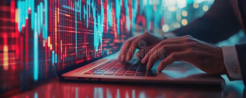 Businessman Using Laptop, Graph and Arrows in Decline, Market Crisis ...