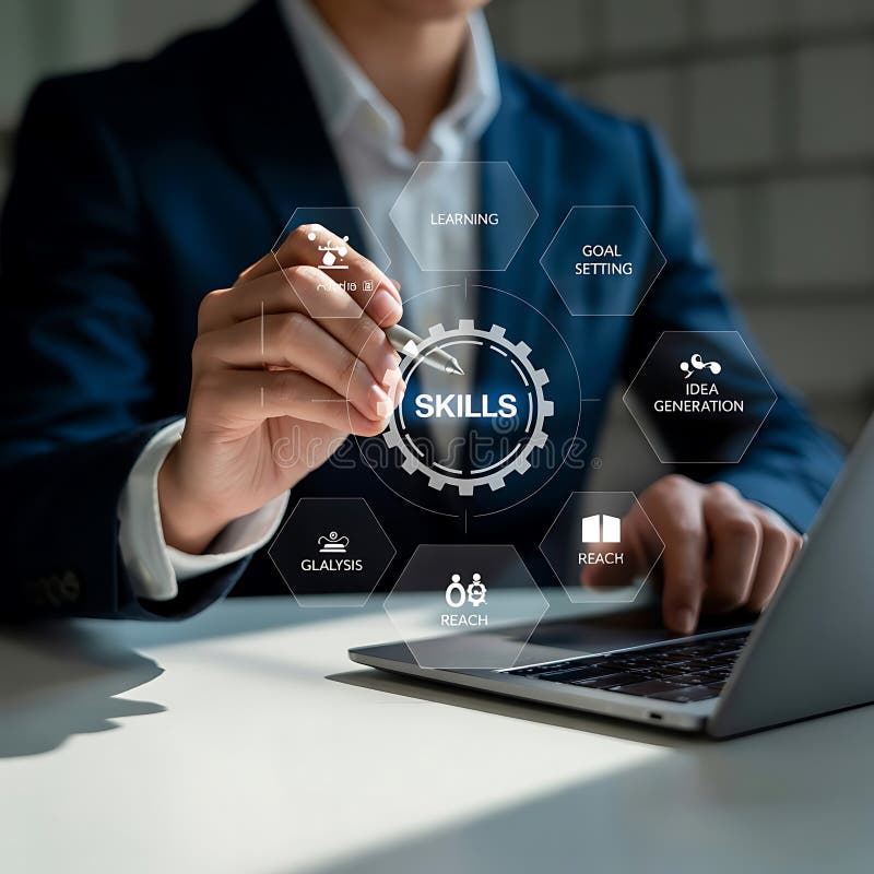 Businessman Using Laptop with Interactive Skills Concept Diagram ...