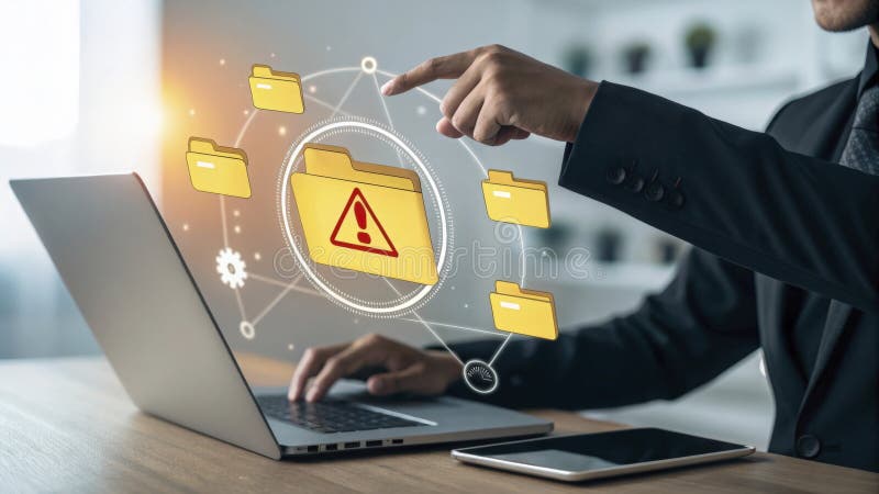 Professional Working on Laptop, Sorting Digital Files with ...