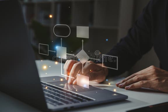 Businessman Using Laptop with Process Flowchart Stock Image - Image of ...