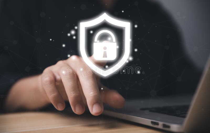 Businessman Using Laptop Showing Shield Icon with Lock Sign. Computer ... Businessman Using Laptop Showing Shield Icon with Lock Sign. Computer ...