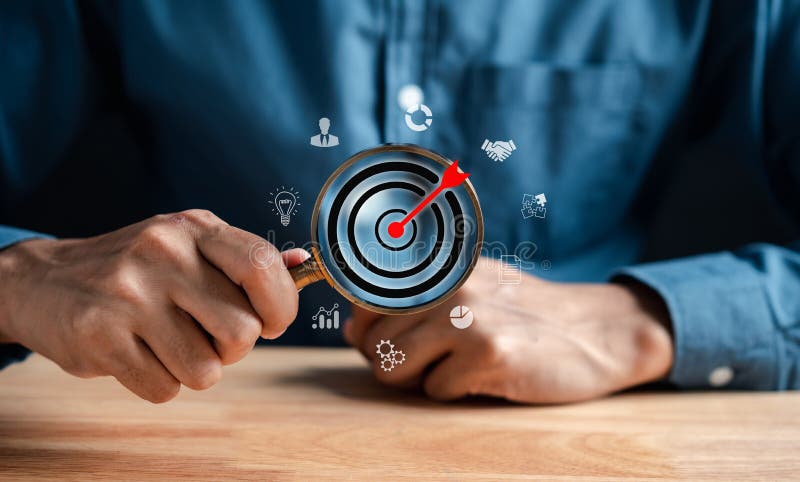 Businessman Using Magnifying Glass Focus To Target Icon Which for ...