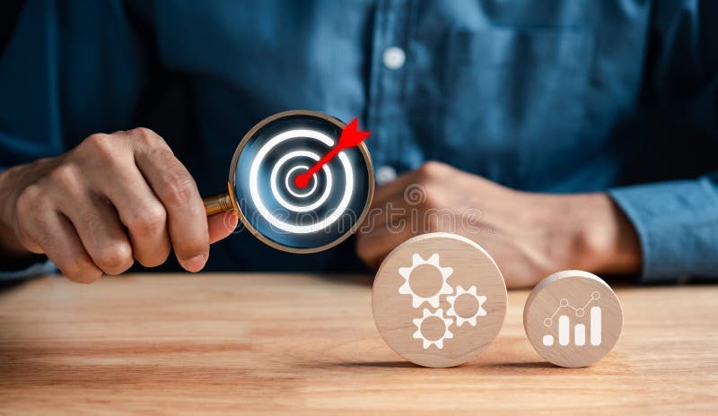 Businessman Using Magnifying Glass Focus To Target Icon Which for ...