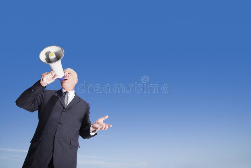 Businessman Using Megaphone Against Blue Sky Stock Image - Image of ...