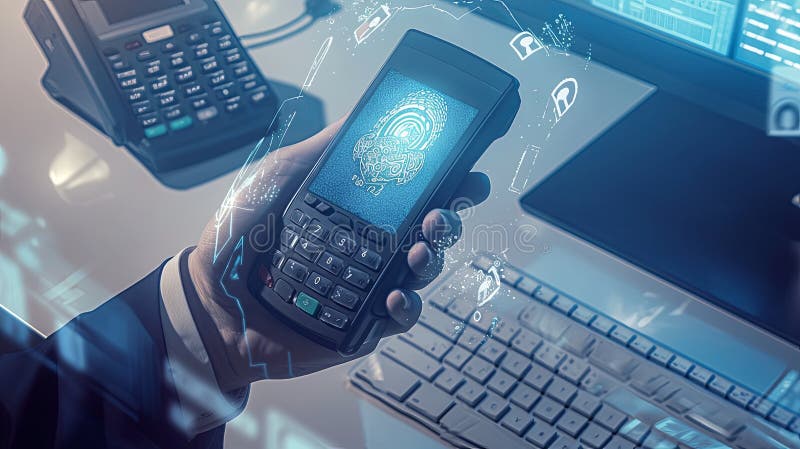 Businessman Using Mobile Payment Device with Futuristic Digital Screen ...