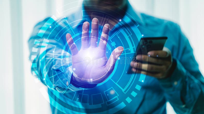 Businessman Using Mobile Phone with Digital Hologram on His Hand Stock ...