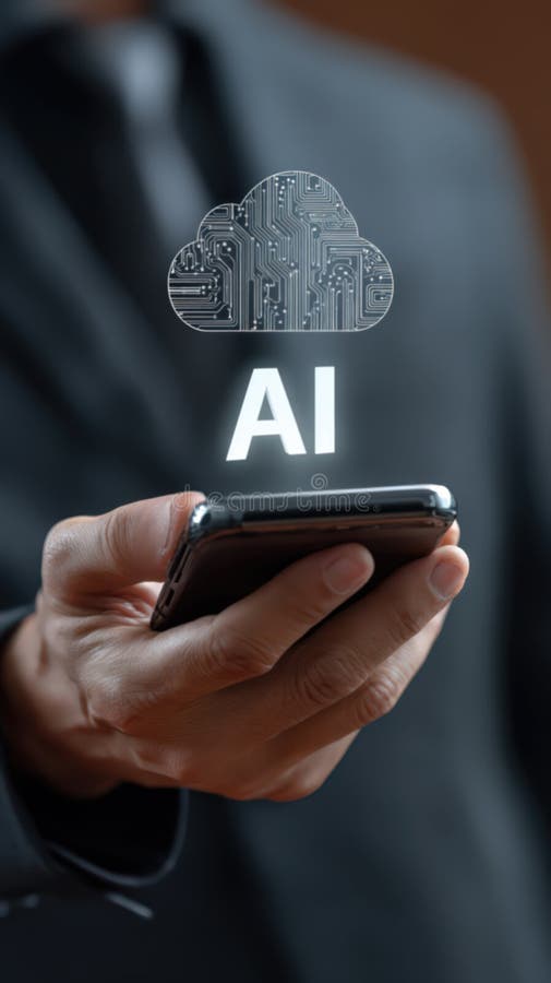 Businessman Using Mobile Phone. Virtual AI Text and Cloud Computing ...