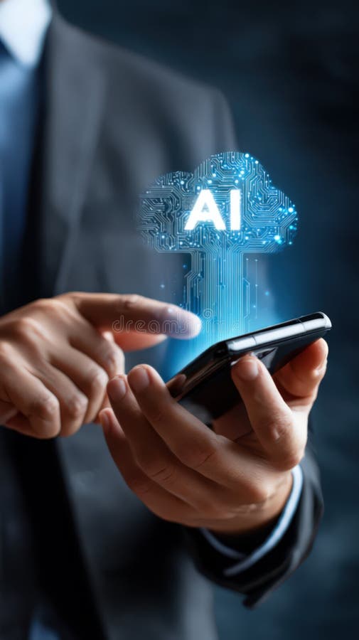 Businessman Using Mobile Phone. Virtual AI Text and Cloud Computing ...