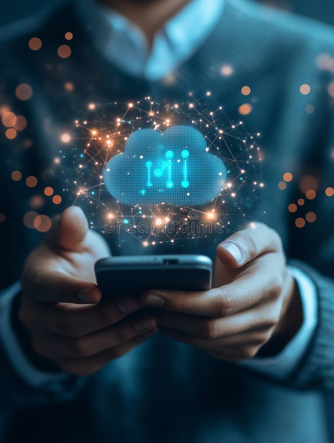 Businessman Using Mobile Phone with Virtual Cloud Interface, Showcasing ...