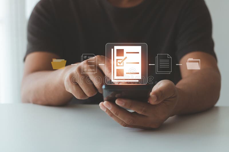 Businessman Using Mobile Smart Phone and Touching on Document Icon for ...