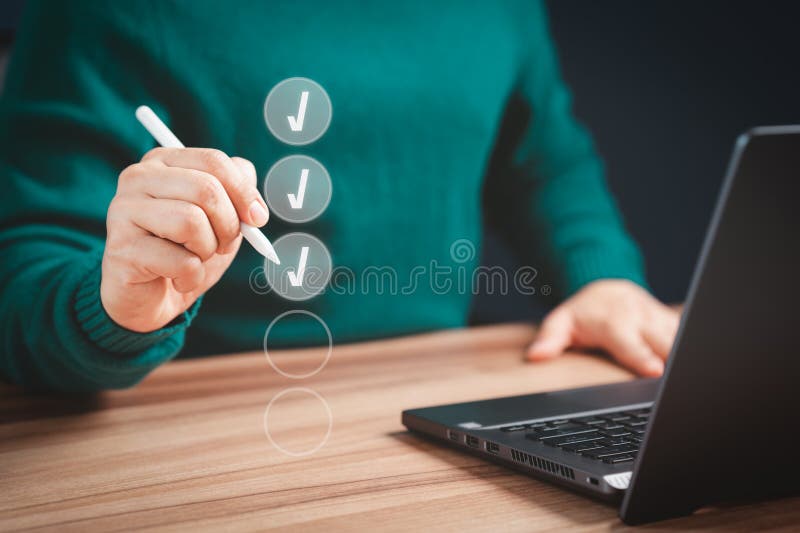 Businessman Using Pen Tick Correct Sign Mark for Document Approval and ...