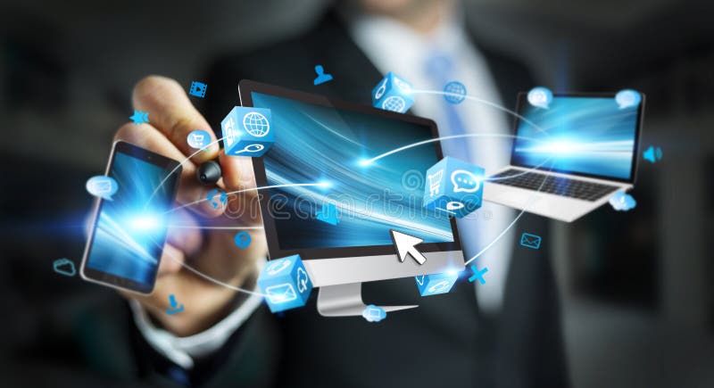 Businessman Using a Pen To Connect Devices 3D Rendering Stock ...