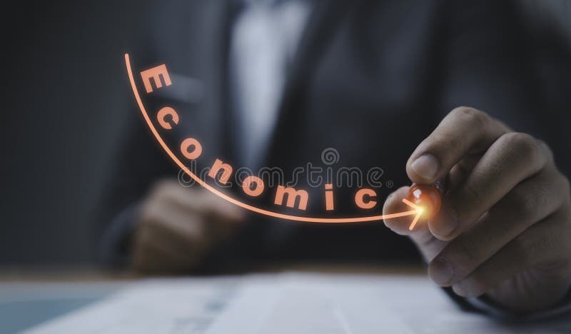 Businessman Using Pen To Drawing Red Decrease Arrow with Economic ...
