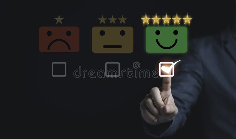 Businessman Using Pushing Smile Button for Select Smiley Face and Five ...