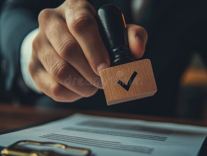 Businessman Using Rubber Stamping on Paper with Correct Sign Mark ...