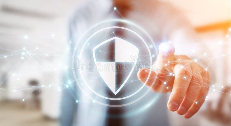 Businessman Using Shield Safe Protection with Connections 3D Rendering ...
