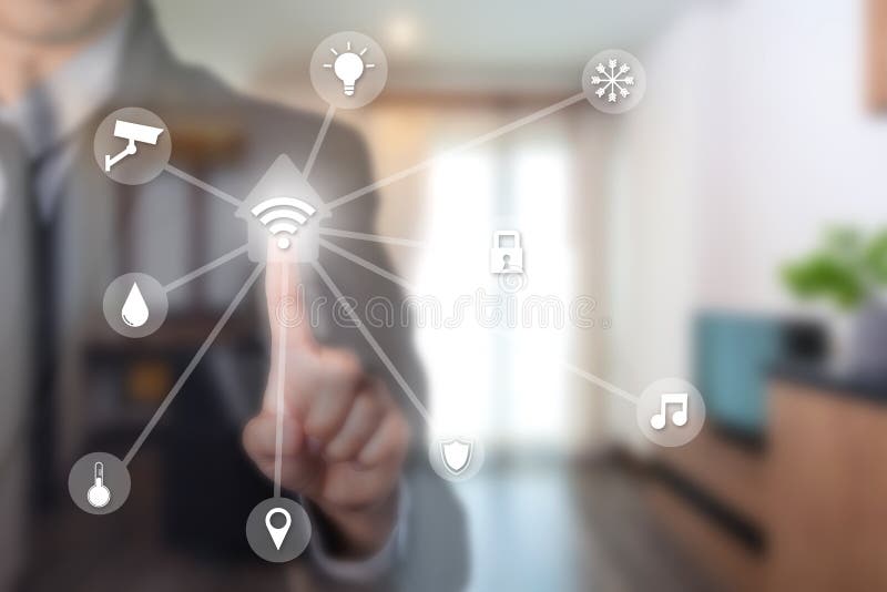 Businessman Using Smart Home by Touch Screen. Stock Image - Image of ...