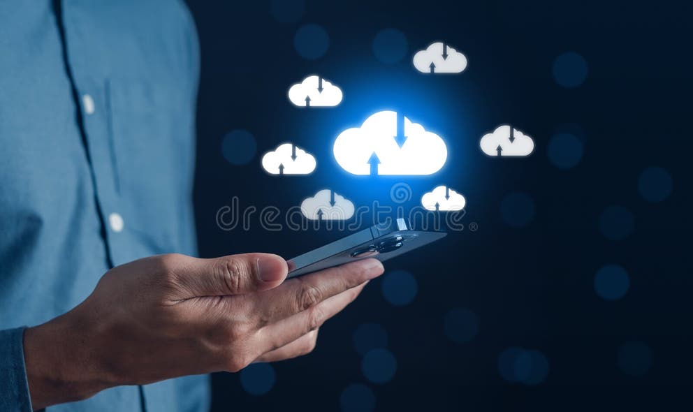 Businessman Using Smart Phone Cloud Computing To Download And Loading Data Information And