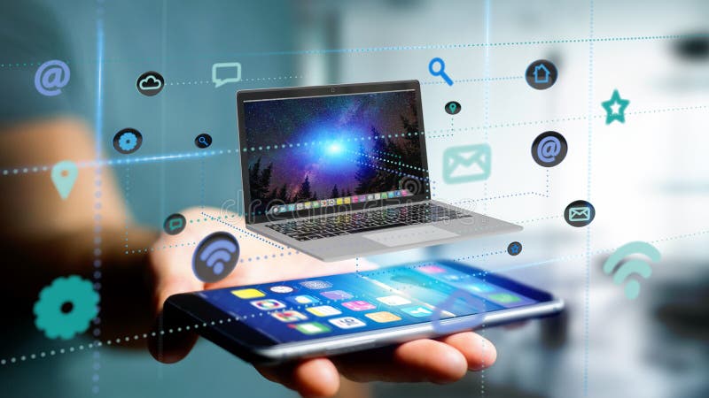 Businessman Using a Smartphone with a Computer Surrounding by Ap Stock ...