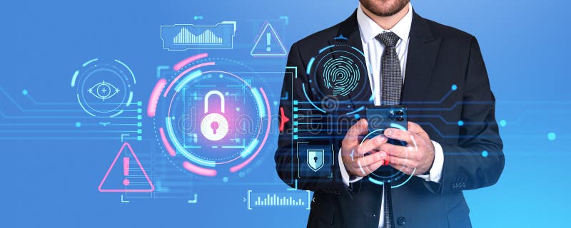 Businessman Using Smartphone, Digital Cybersecurity Chart with Big ...