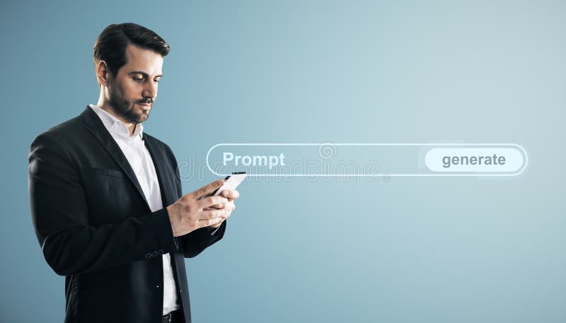 Businessman Using Smartphone with Digital Prompt Bar Interface on Light ...