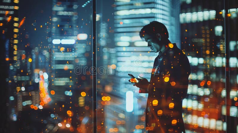 Businessman Using Smartphone with Double Exposure of City Lights in the ...