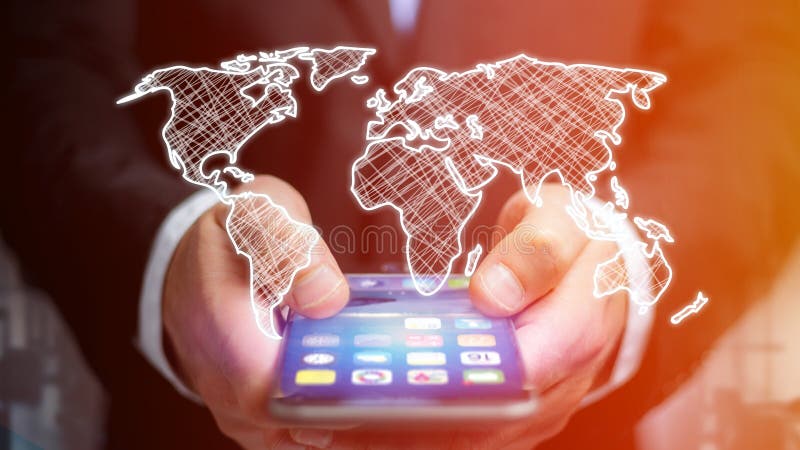 Businessman Using a Smartphone with a Hand Drawn World Map on a Stock ...