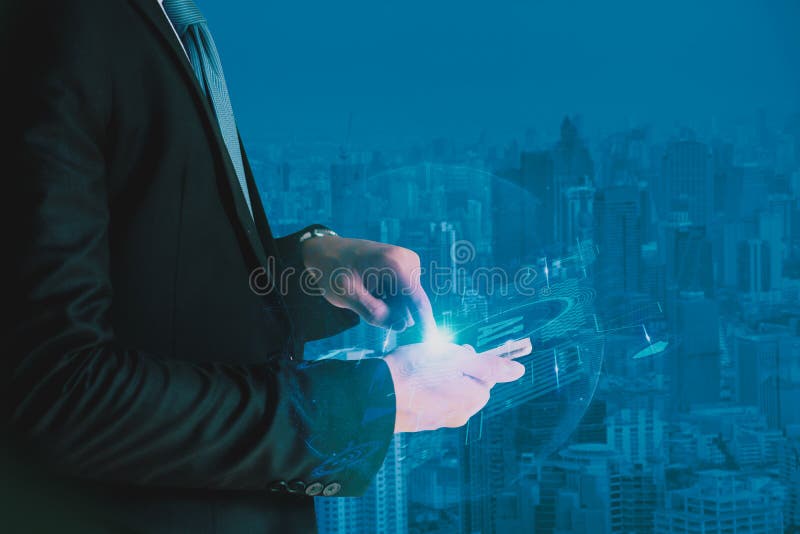 Businessman Using Smartphone with Interface Screen Display To Analyze ...