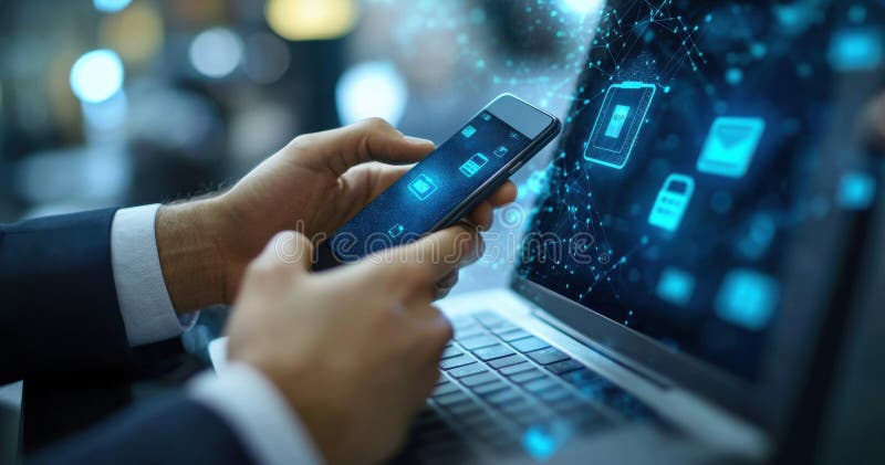 Businessman Using a Smartphone and Laptop Connecting through Digital ...