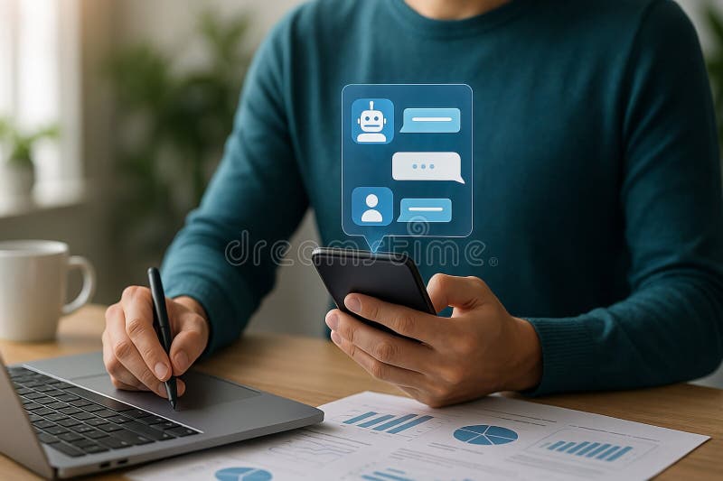 Businessman Using Smartphone and Laptop with Virtual Chatbot Interface ...