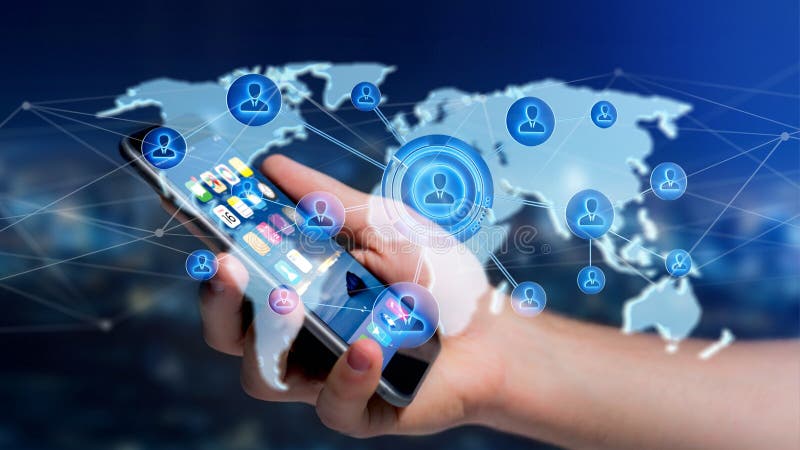 Businessman Using a Smartphone with a Network Over a Connected W Stock ...