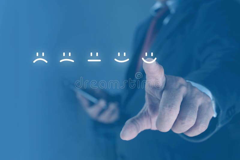 Businessman Using Smartphone Pressing Smiley Face on Touch Screen ...