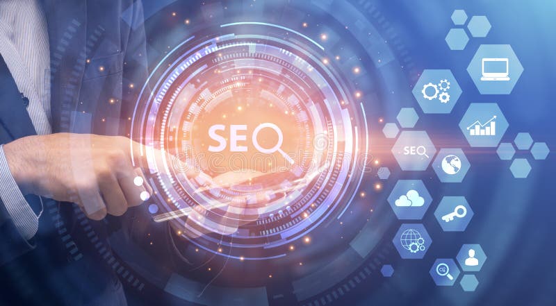 Businessman Using Smartphone Seo-Optimization App Over Blue Background ...