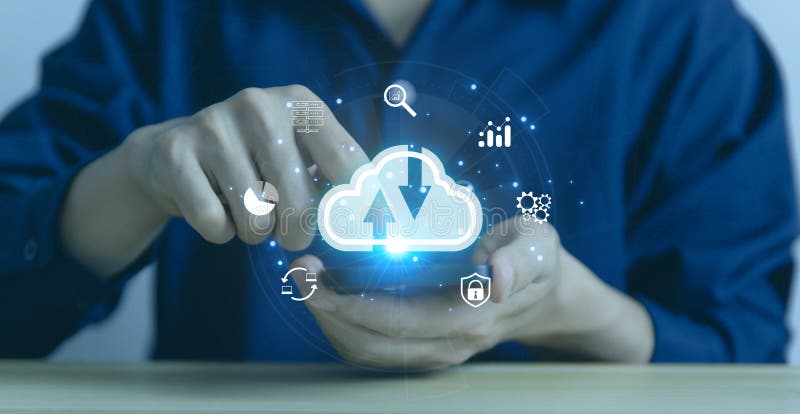 Businessman Using a Smartphone Showing a Diagram of Cloud Data ...