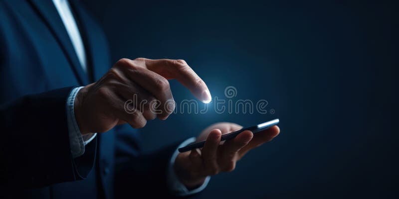 Businessman Using Smartphone Touchscreen in Dark Environment Stock ...