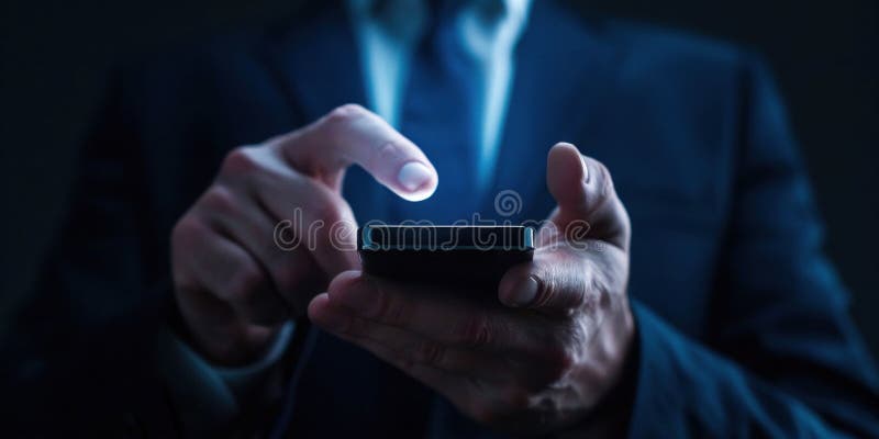 Businessman Using Smartphone Touchscreen in Dark Environment Stock ...