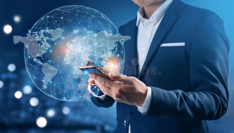 Businessman Using Smartphone with World Map for Business Finance ...