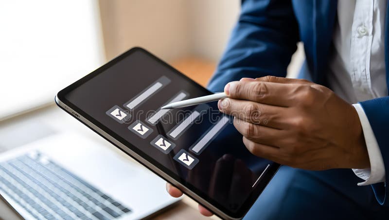 Businessman Using Stylus To Check Boxes on a Tablet Computer Screen ...